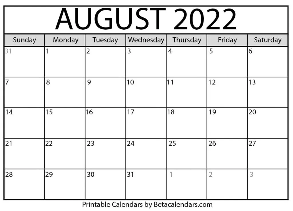 Free Printable August 2022 Calendar
