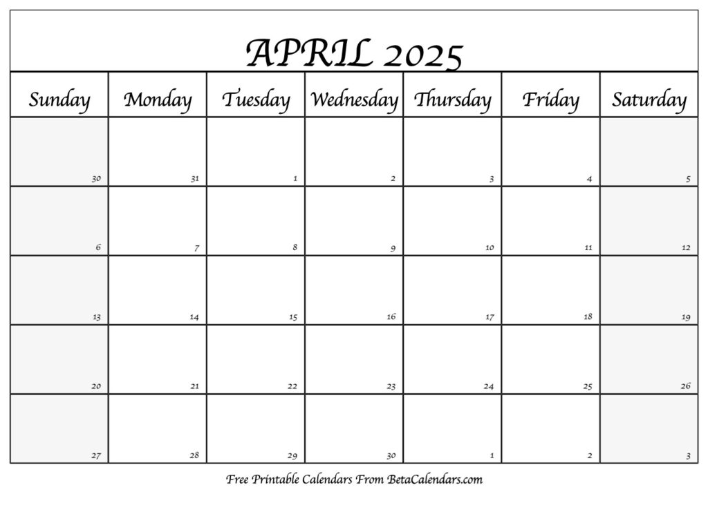 Free Printable April 2025 Calendar