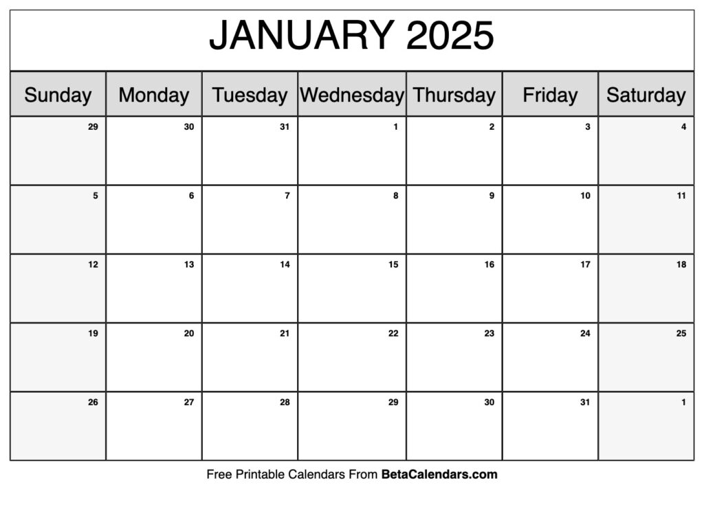 Free Printable January 2025 Calendar