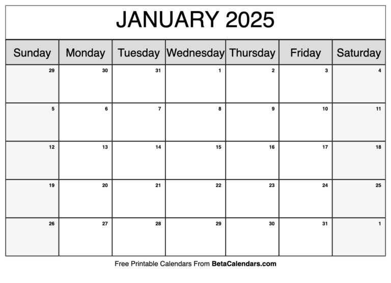 Free Printable January 2025 Calendar