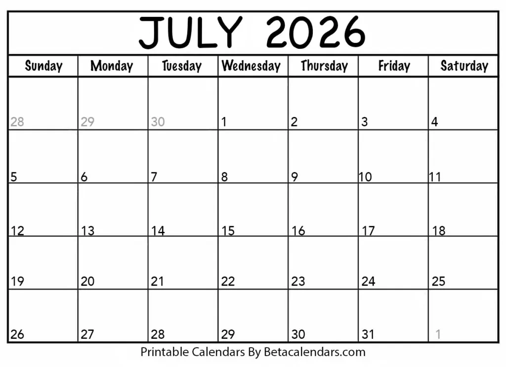 Free Printable July 2026 Calendar