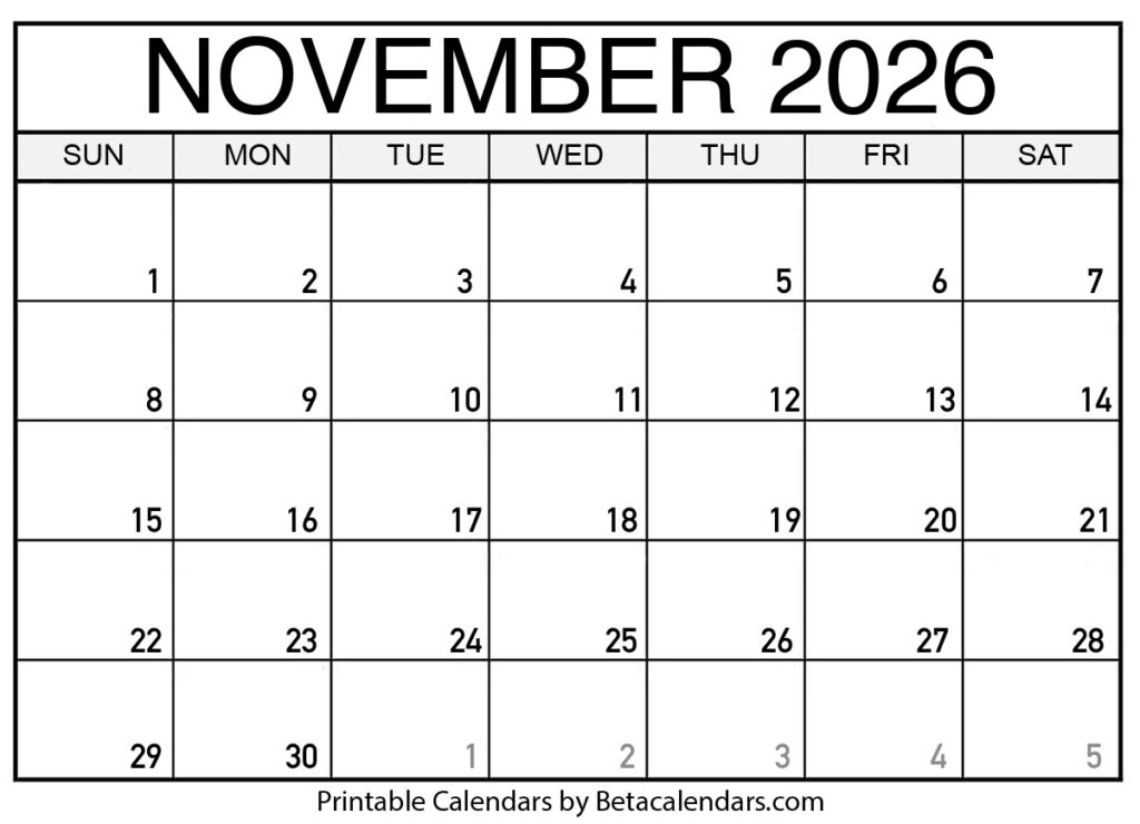 Free Printable November 2026 Calendar