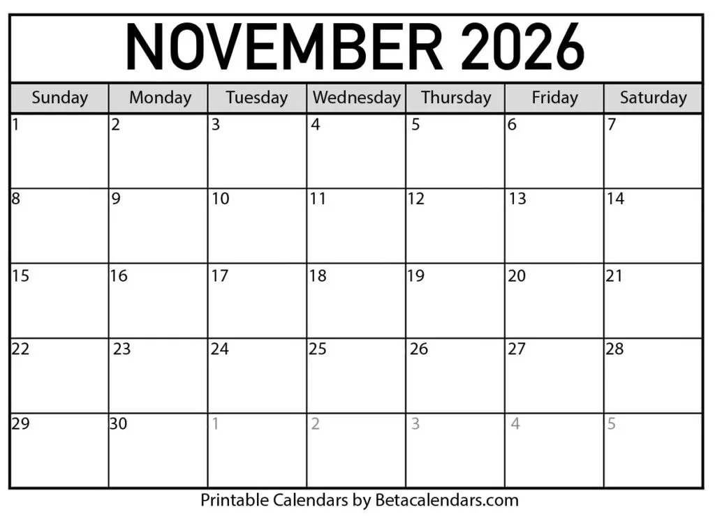 Free Printable November 2026 Calendar